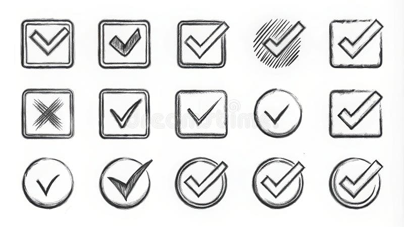 Hand-drawn Checkmarks and X Marks in Various Square and Circular Frames ...