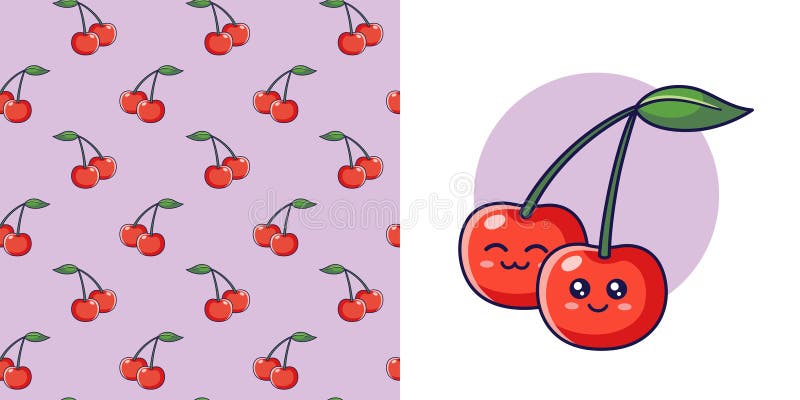 Cute Red Cherry Seamless Pattern in Doodle Style. Vector Hand Drawn ...