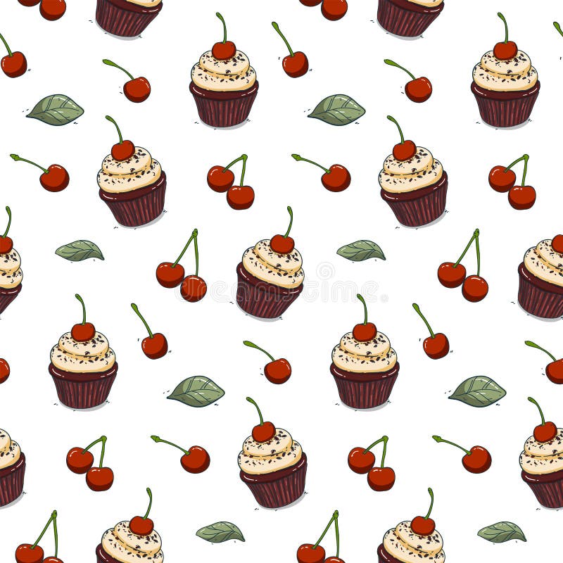 Vector Seamless Pattern Hand Drawn Cherry Cupcake Stock Vector ...