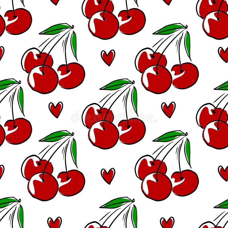 Hand Drawn Cherry Print and Pattern Seamless. Spring Summer Trend ...