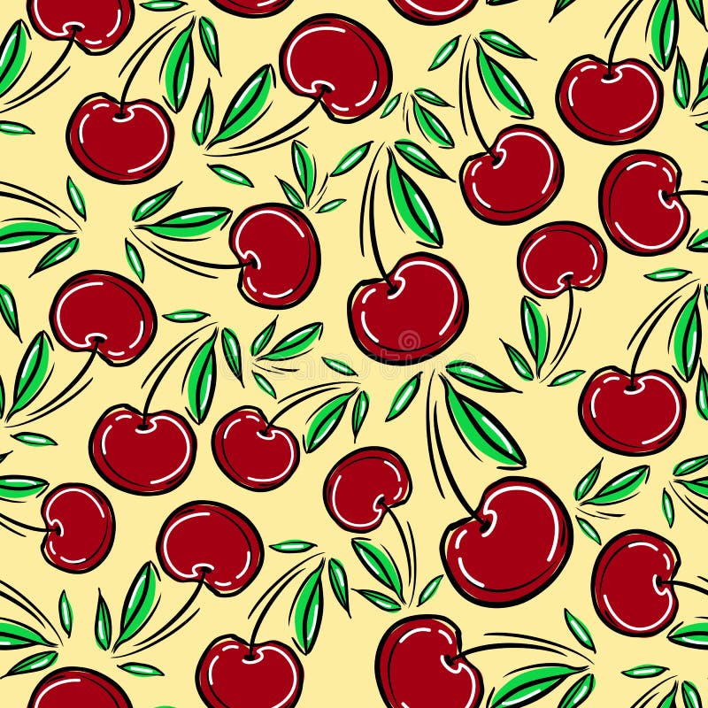 Hand Drawn Cherry Print and Pattern Seamless. Spring Summer Trend ...