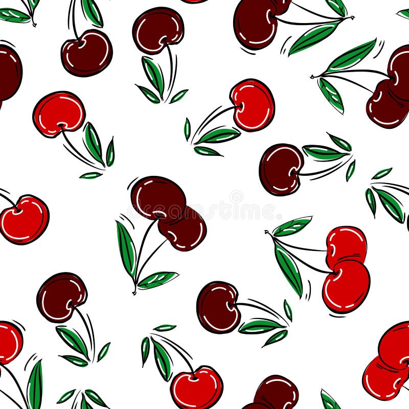 Hand Drawn Cherry Print and Pattern Seamless. Spring Summer Trend ...