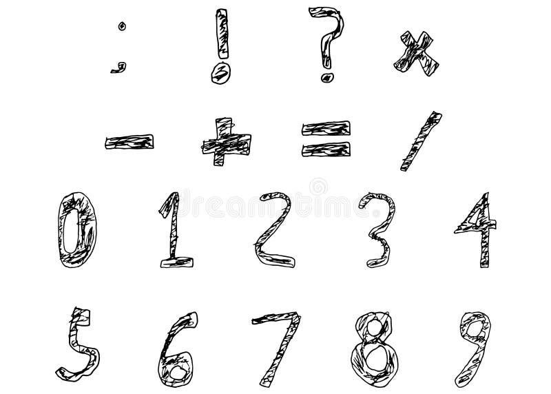 Hand Drawn Child Numbers and Basic Math Signs Filled Bold Stock Vector ...