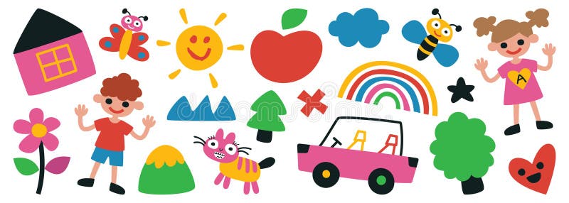 Hand Drawn Childish Characters and Objects Stock Illustration ...