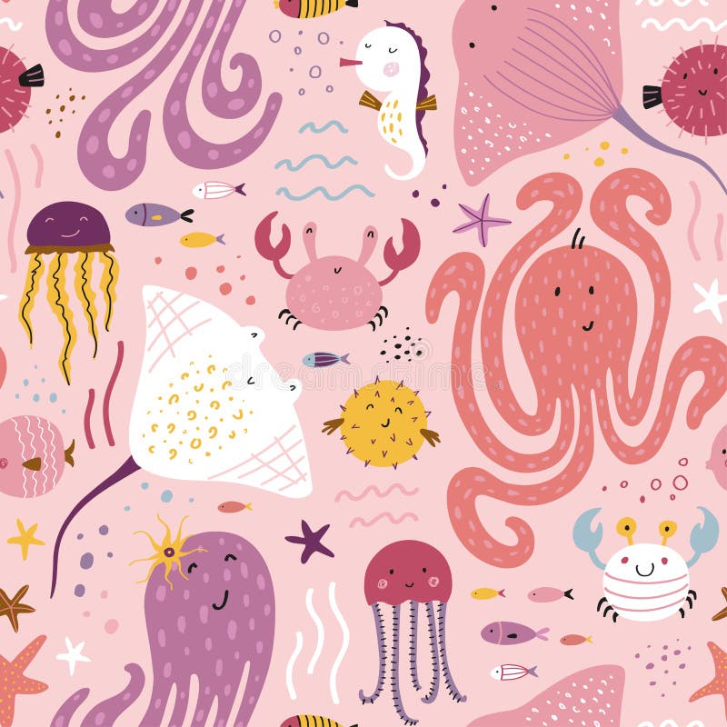 Hand-drawn Childish Seamless Pattern with Underwater World Stock Vector ...