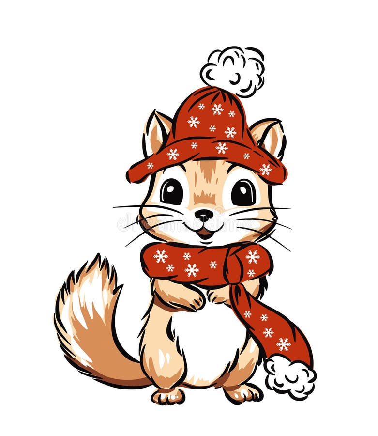 Hand Drawn Chipmunk in Winter Christmas Hat, Cute Kids Design Vector ...