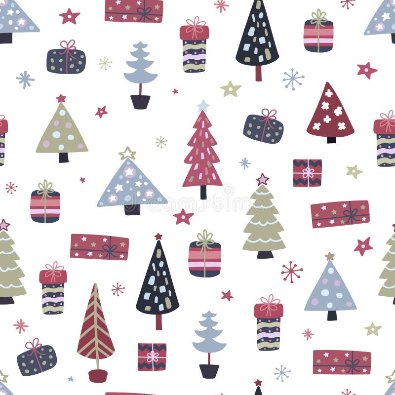 Hand Drawn Christmas Seamless Pattern. Doodle Texture with Xmas Tree ...