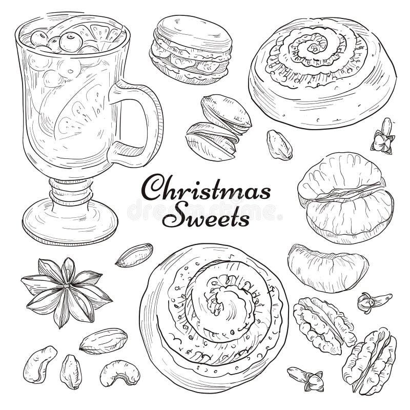 Hand Drawn Christmas Set, Holiday Sweets and Drinks Stock Vector ...