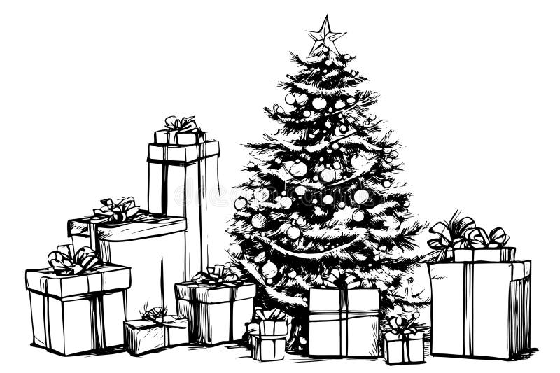 Hand Drawn Christmas Tree Gift Boxes Drawing, Etching, Ink, Line Art ...
