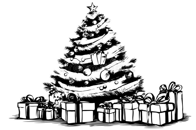 Hand Drawn Christmas Tree and Gift Boxes. Vector Illustration Sketch ...
