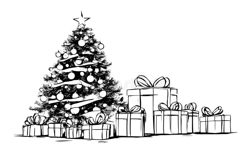 Hand Drawn Christmas Tree and Gift Boxes. Vector Illustration Sketch ...