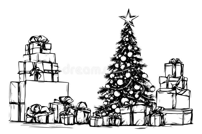Hand Drawn Christmas Tree and Gift Boxes. Vector Illustration Sketch ...