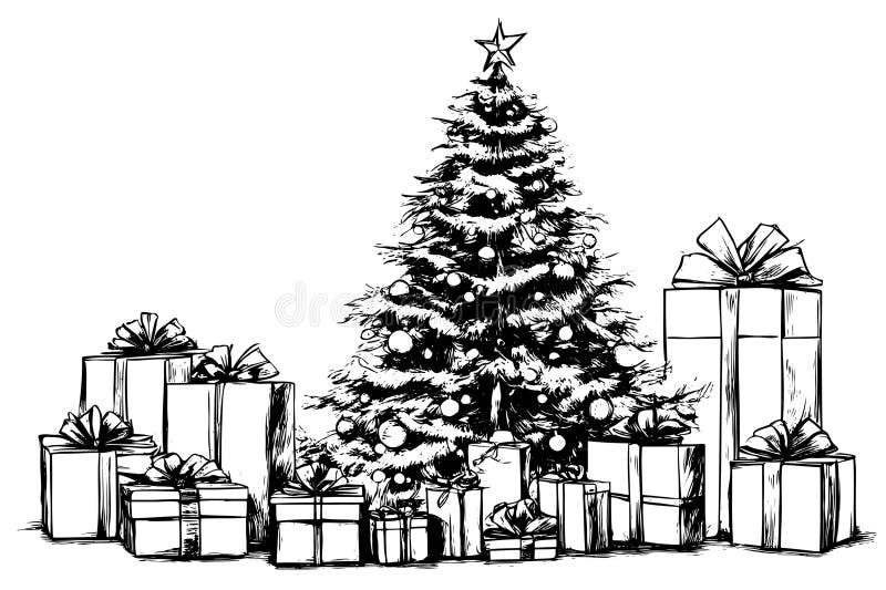 Hand Drawn Christmas Tree and Gift Boxes. Vector Illustration Sketch ...