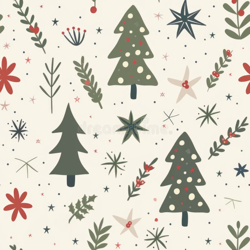 Hand-drawn Christmas Trees, Holly, and Festive Elements Form a Seamless ...