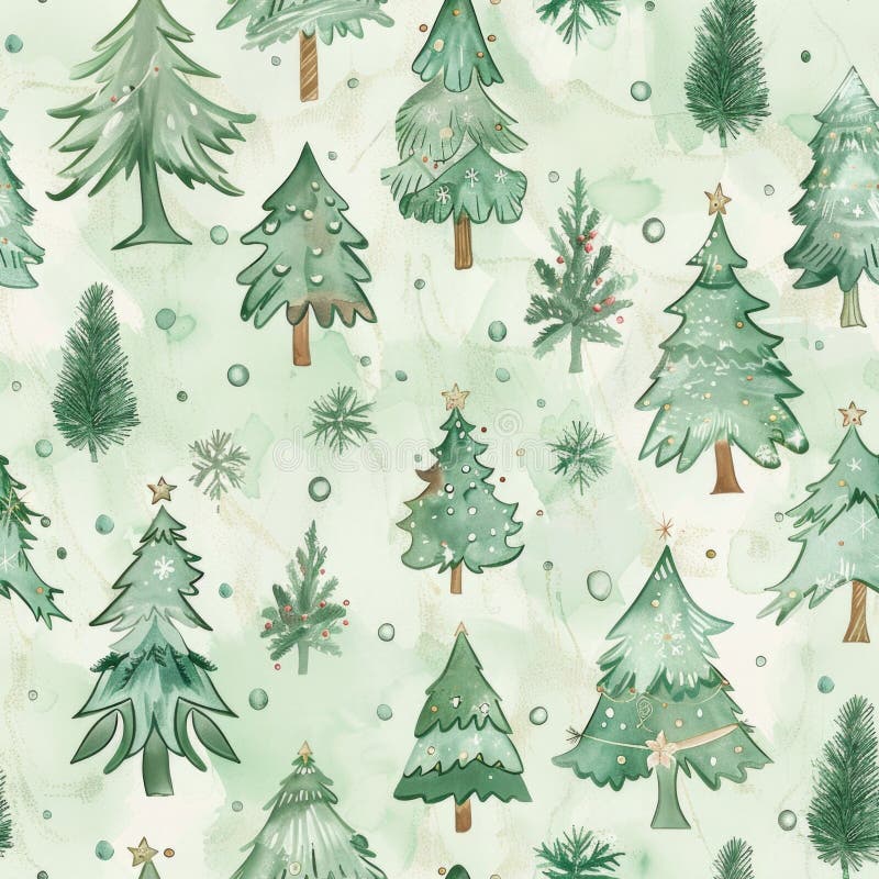Hand-drawn Christmas Trees with Subtle Decorations on a Light Green ...