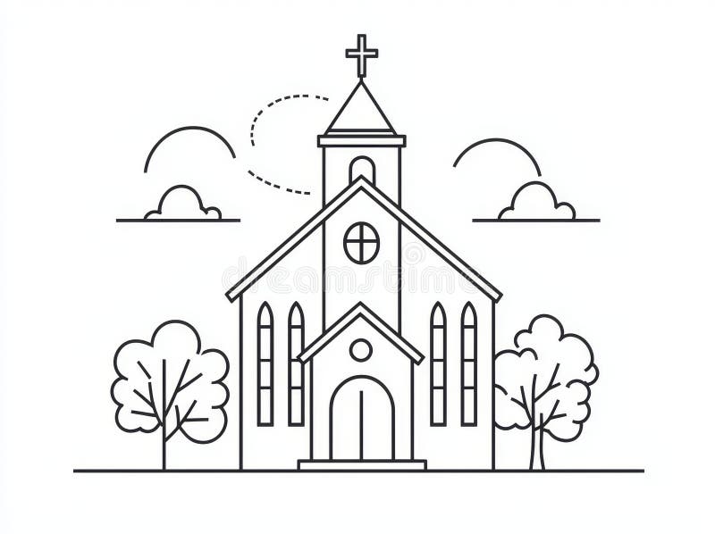 Hand Drawn Church Building. Silhouettes Drawn on One Line Stock ...
