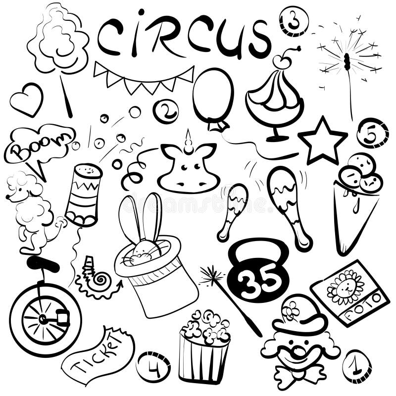 Hand Drawn Circus Set. Vector Illustration with Hand Drawn Doodle ...