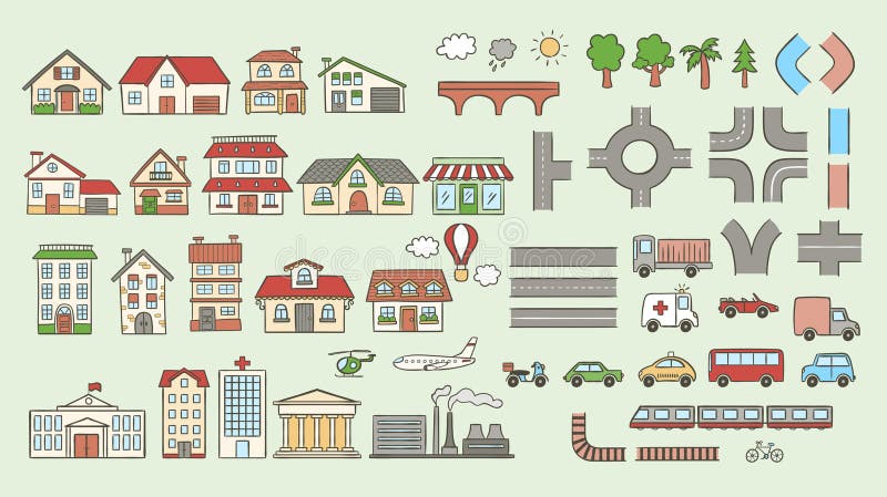 Hand-drawn City Map Creator Set Stock Illustration - Illustration of ...