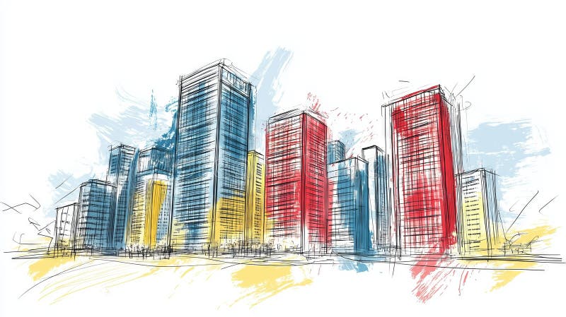 Colorful Sketch Drawing of Modern City Skyscrapers Stock Photo - Image ...