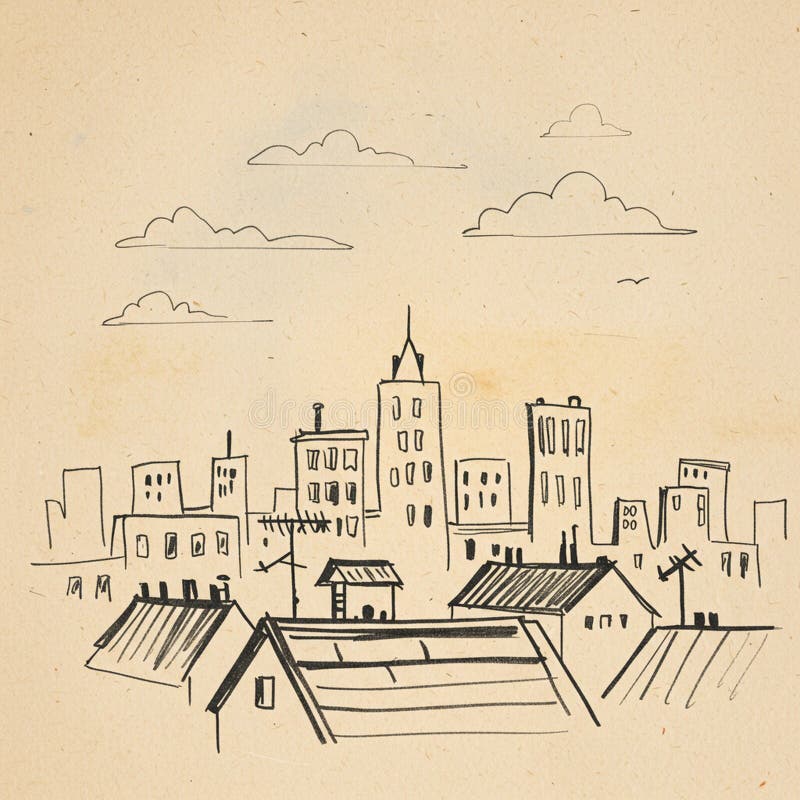 Hand-drawn Cityscape Illustration on a Textured Beige Background. Tall ...