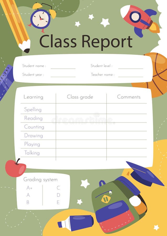 Hand Drawn Class Report Card Template Vector Illustration. Stock Vector ...
