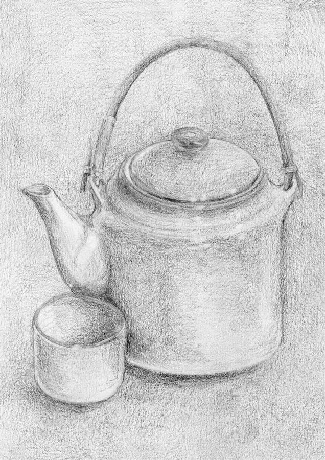 Hand Drawn Classic Teapot, Greyscale Pencil Drawing Stock Illustration ...