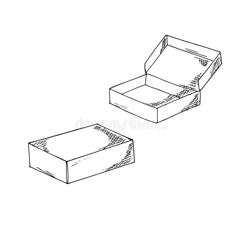 Hand-drawn Closed and Opened Boxes. Craft Boxes in Sketch Style Stock ...