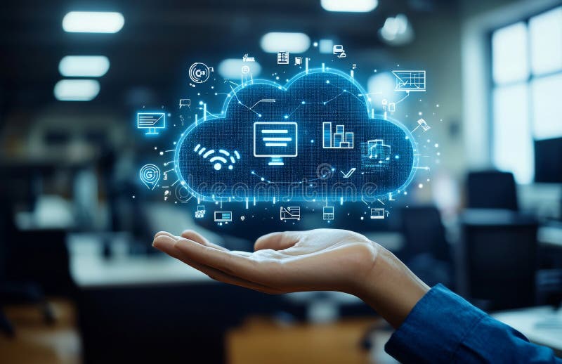 His Hand is on a Computer Mouse As he Sits in Front of Two Monitors ...