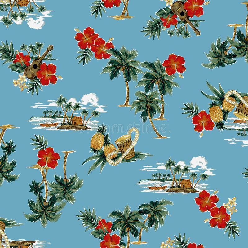 Hand-drawn Coastal Landscape Aloha Shirt Pattern, Stock Illustration ...