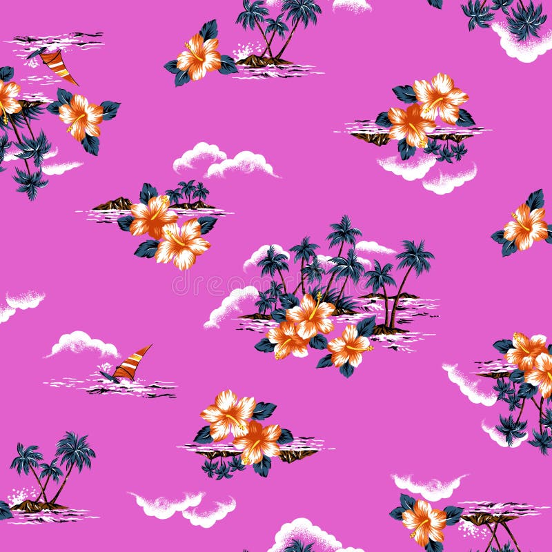 Hand-drawn Coastal Landscape Aloha Shirt Pattern, Stock Illustration ...