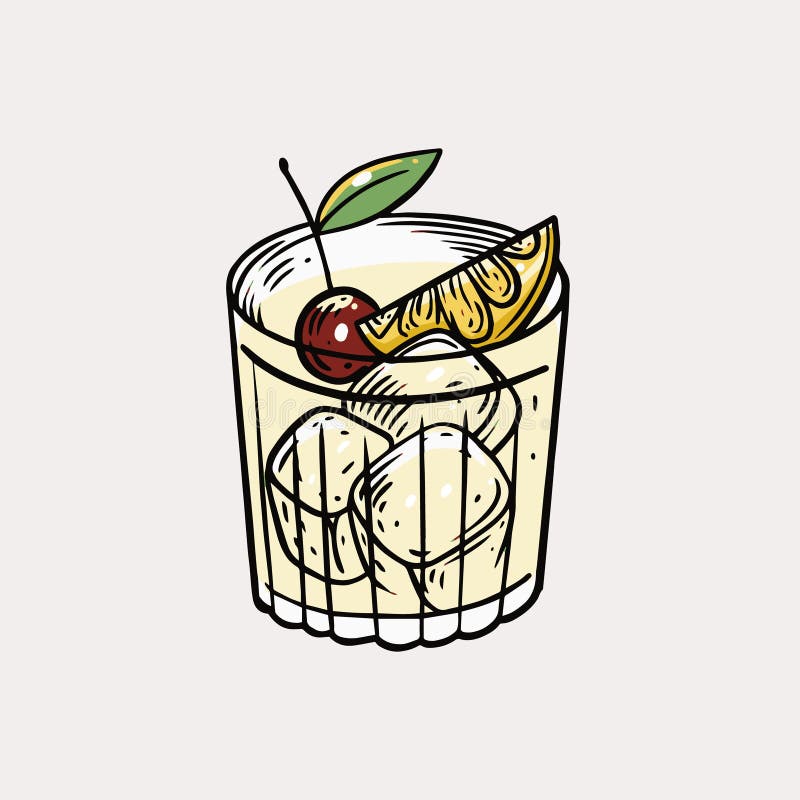 Hand Drawn Cocktail with Cherry and Lemon Slice Stock Vector ...