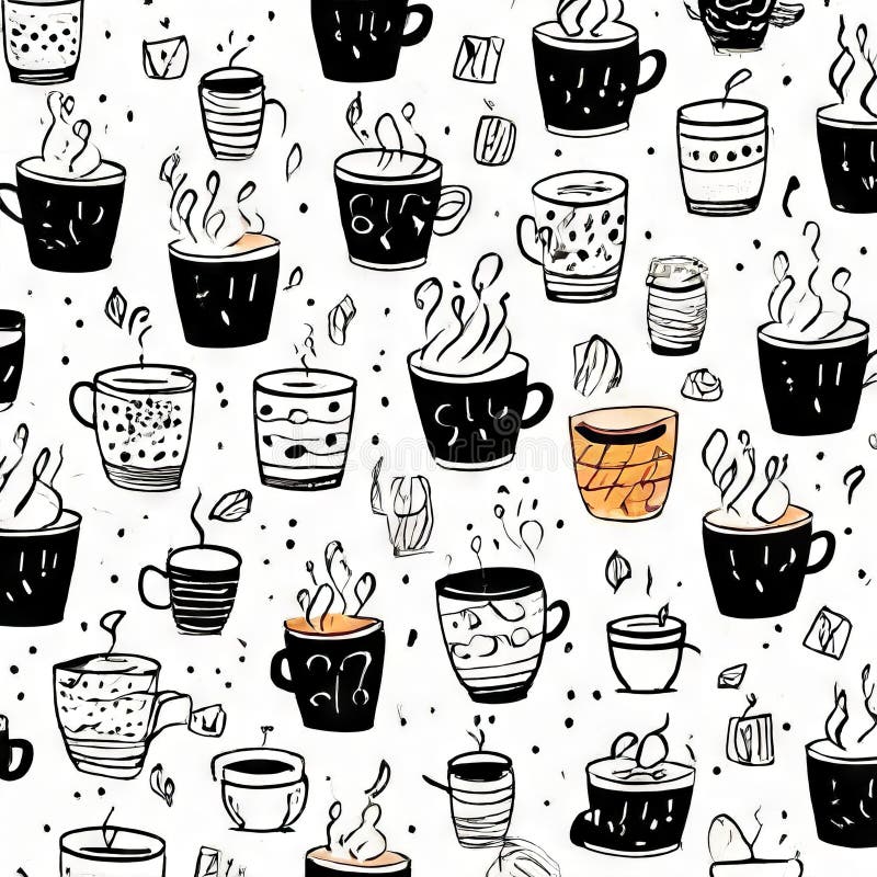 Hand-drawn Coffee Cup Pattern with Various Whimsical Designs Stock ...