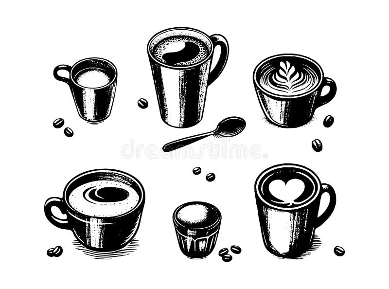Vector. Hand Drawn Coffee Cups with Coffee Beans, Black Coffee ...