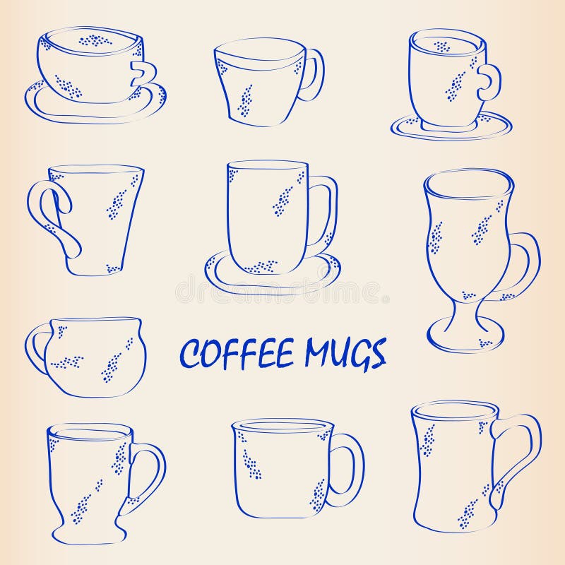 Hand Drawn Coffee Mugs Icon Set Stock Vector - Illustration of caffeine ...