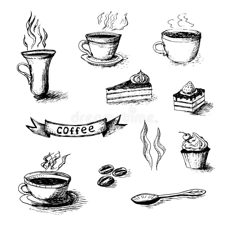 Hand drawn coffee set stock vector. Illustration of drawing - 76704868