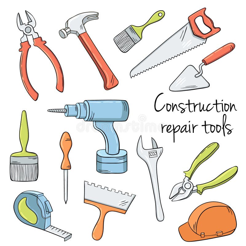 Hand Drawn Collection of House Repair Tools. Stock Illustration ...