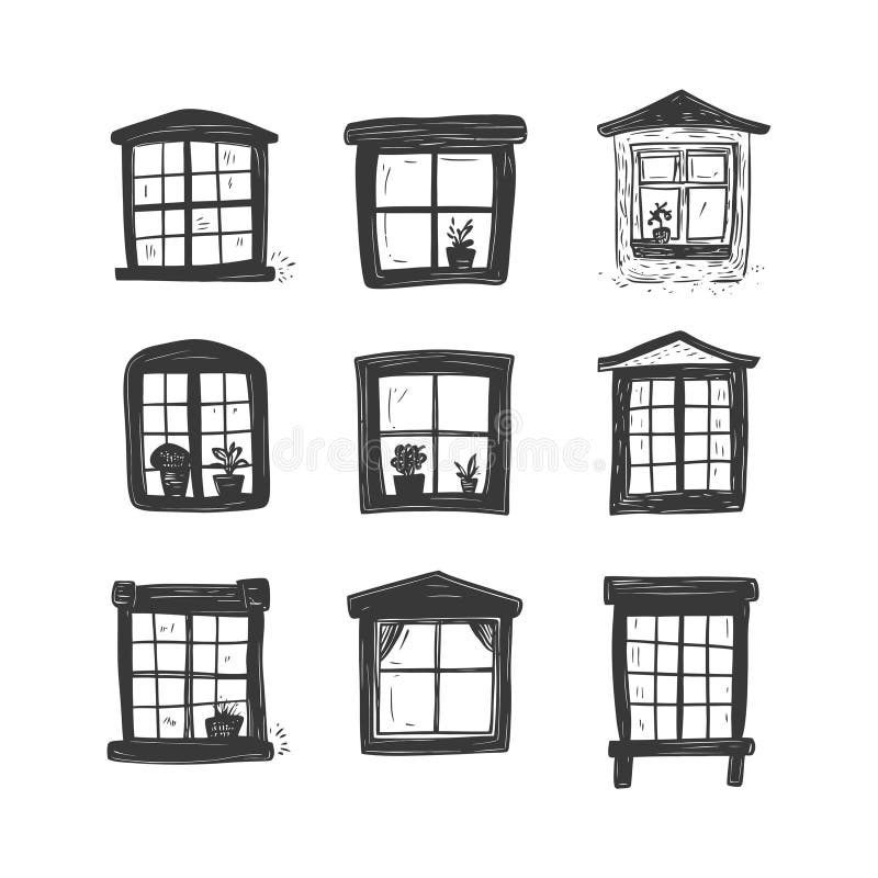 Collection of Nine Hand-Drawn Window Illustrations in Black and White ...