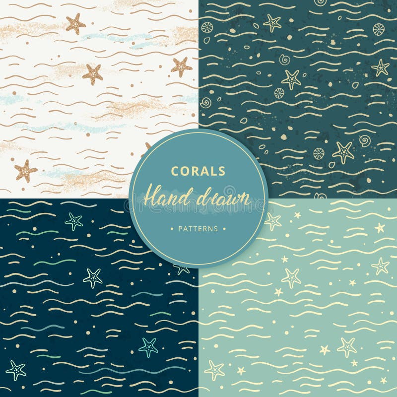 Sea Seamless Patterns with Corals. Hand-drawn Collection of Marine ...