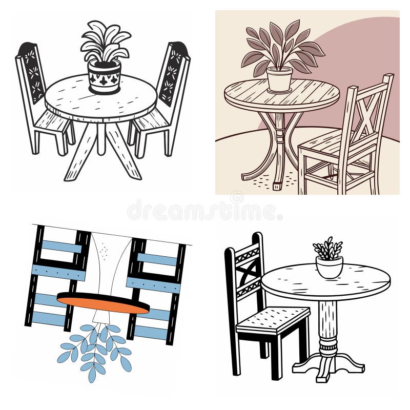 Hand Drawn Collection of Stylish Cafe Table Designs with Chairs ...