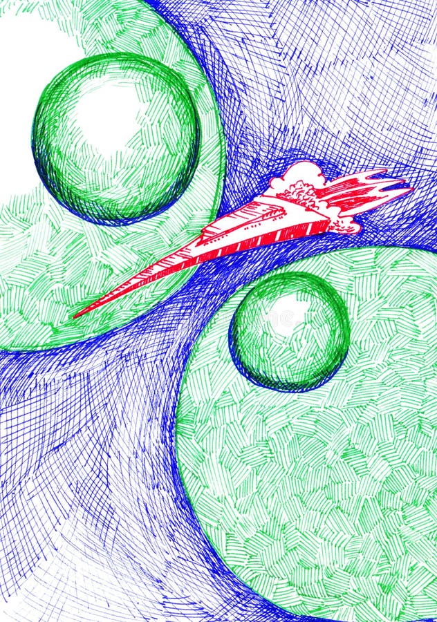 Hand-drawn Color Lines Flight of a Red Space Triangular Ship in a ...