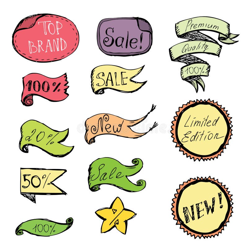 Hand Drawn Colored Doodle Label, Ribbon and Design Elements Stock ...