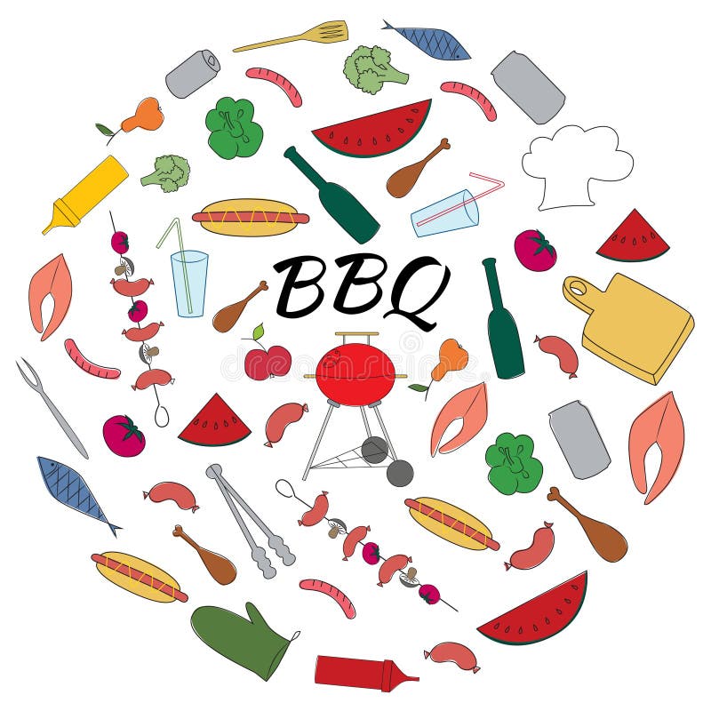 Hand Drawn Colored Set of Barbecue Stock Vector - Illustration of mitt ...