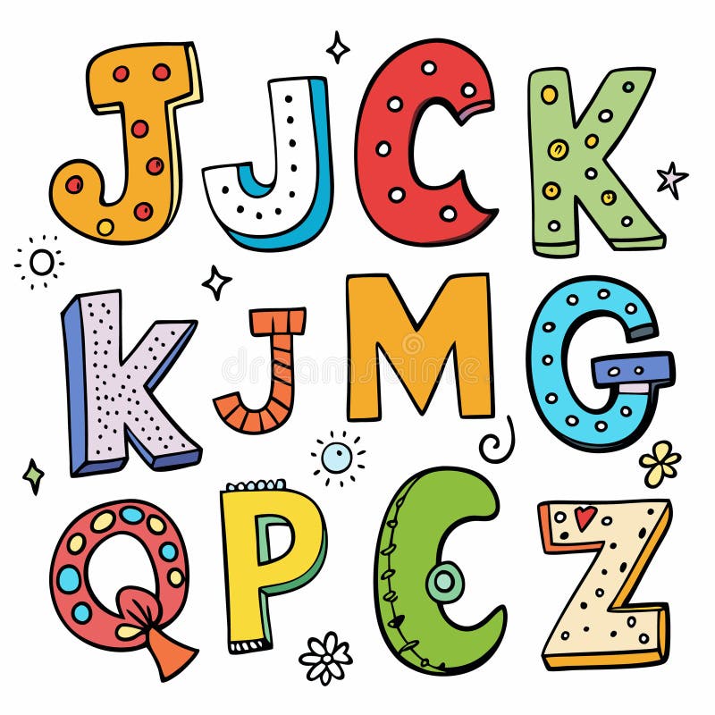 Hand Drawn Colorful Alphabet Letters J-Z with Fun Decorations Stock ...
