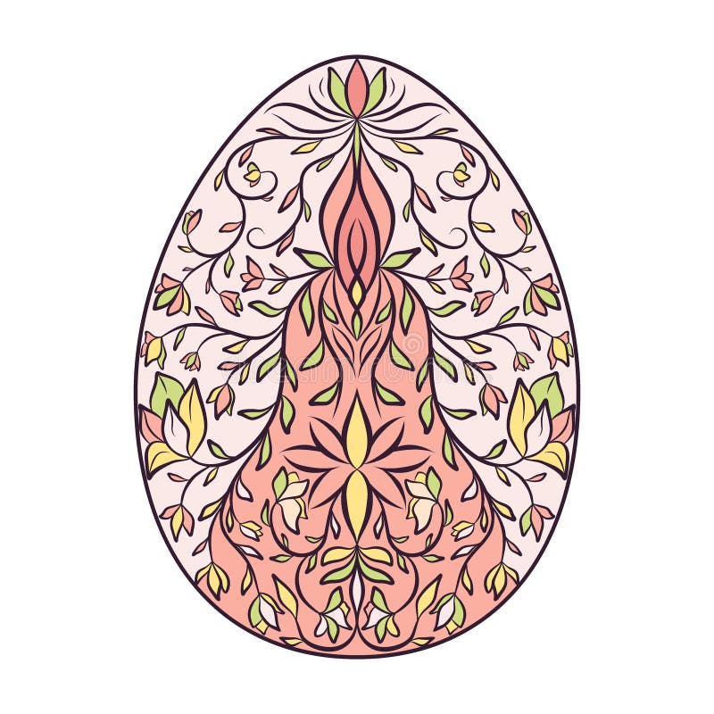 Hand Drawn Colorful Easter Egg with Patterns, Curls, Flowers. Spring Happy Easter Egg with ...