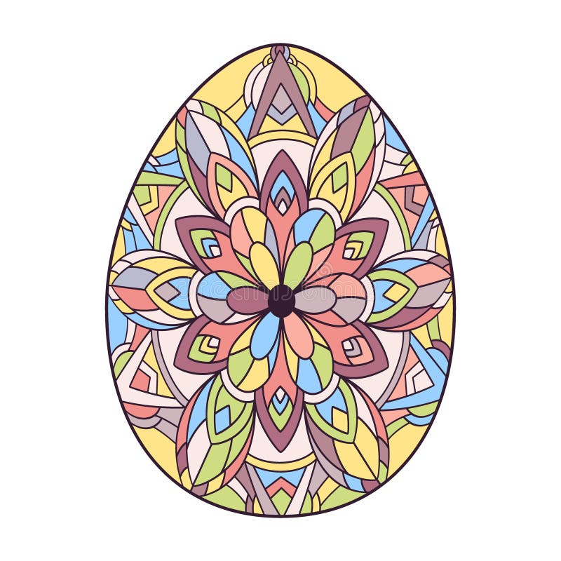 Hand Drawn Colorful Easter Egg with Patterns, Curls, Flowers. Spring Happy Easter Egg with ...