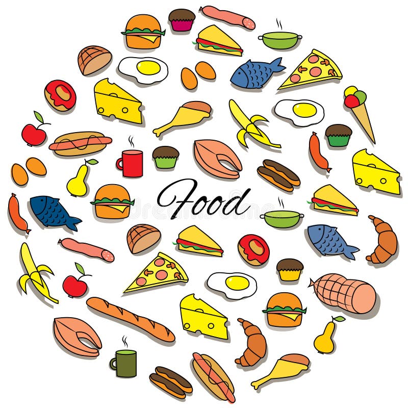 Hand Drawn Colorful Food Round Set Stock Vector - Illustration of lunch ...