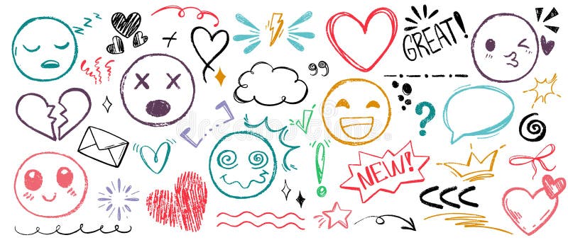 Hand Drawn Colorful Pencil Doodle Emoji Faces, Lines, Punctuation Marks ... Hand Drawn Colorful Pencil Doodle Emoji Faces, Lines, Punctuation Marks ...
