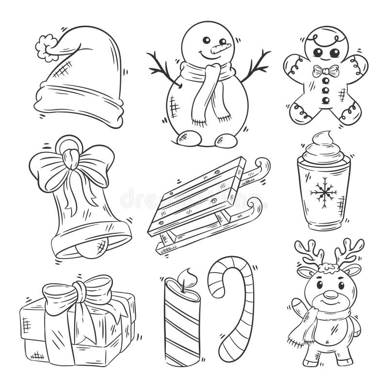 Hand Drawn Coloring Christmas Elements Items Collection Stock Vector ...