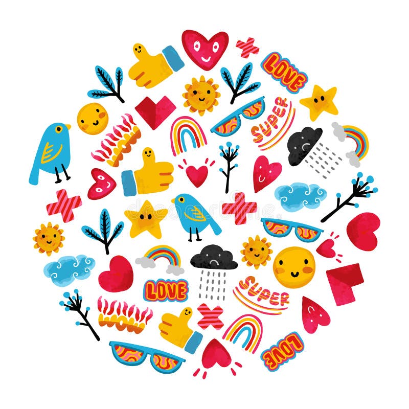 Circle of Cute and Fun Icon Stickers. Stock Vector - Illustration of ...