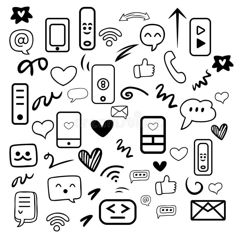 Hand Drawn Communication and Social Media Doodle Icon Set Stock Vector - Illustration of mobile ...